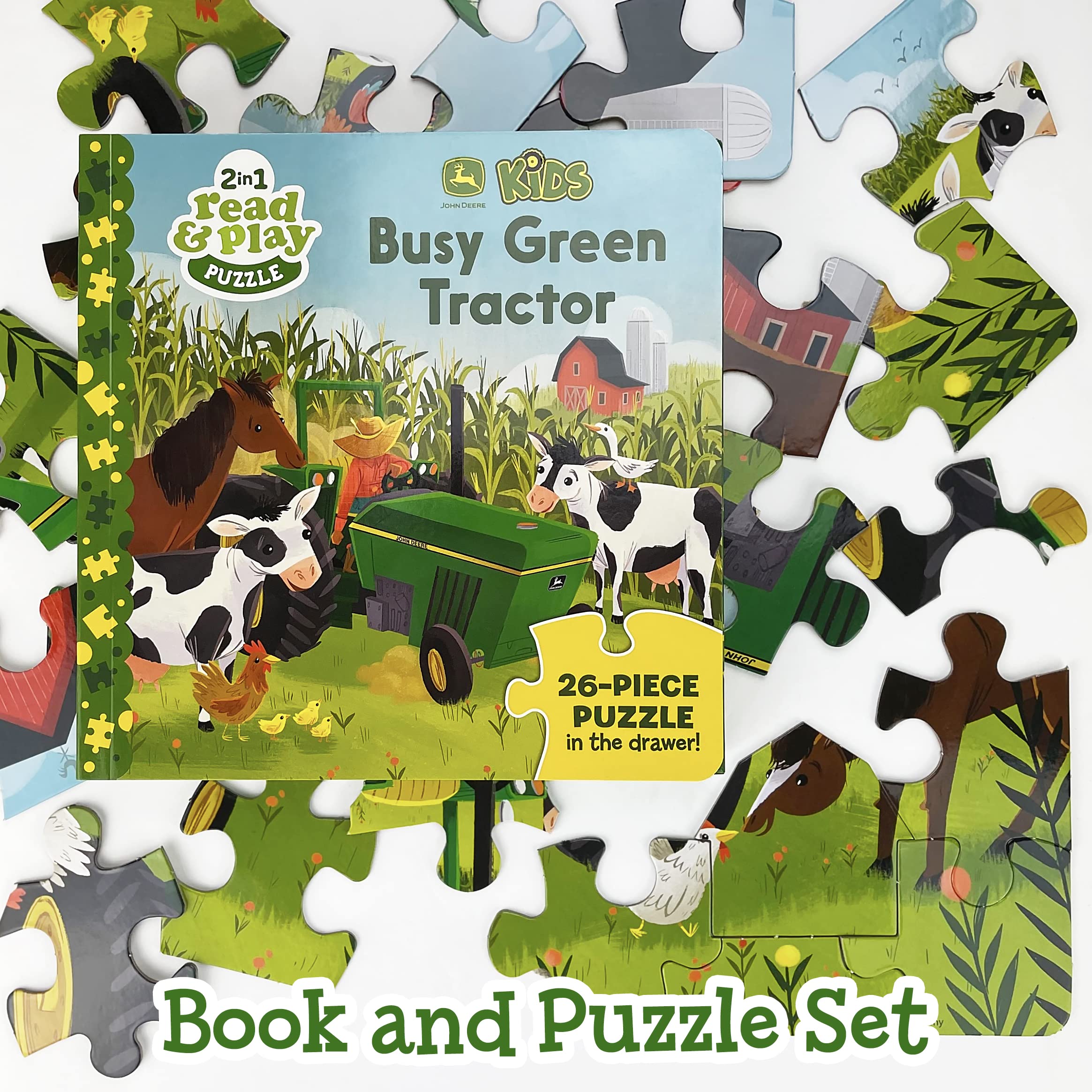 John Deere Busy Green Tractor Book and Puzzle Set: 26-Piece Puzzle ...